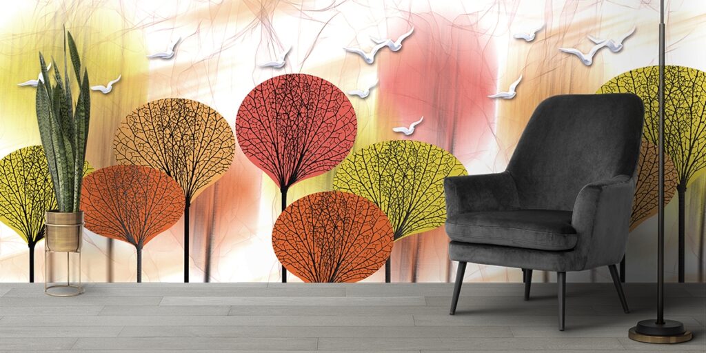 Abstract Painting of Trees with Birds Flying Wallpaper Mural - Magicdecor®