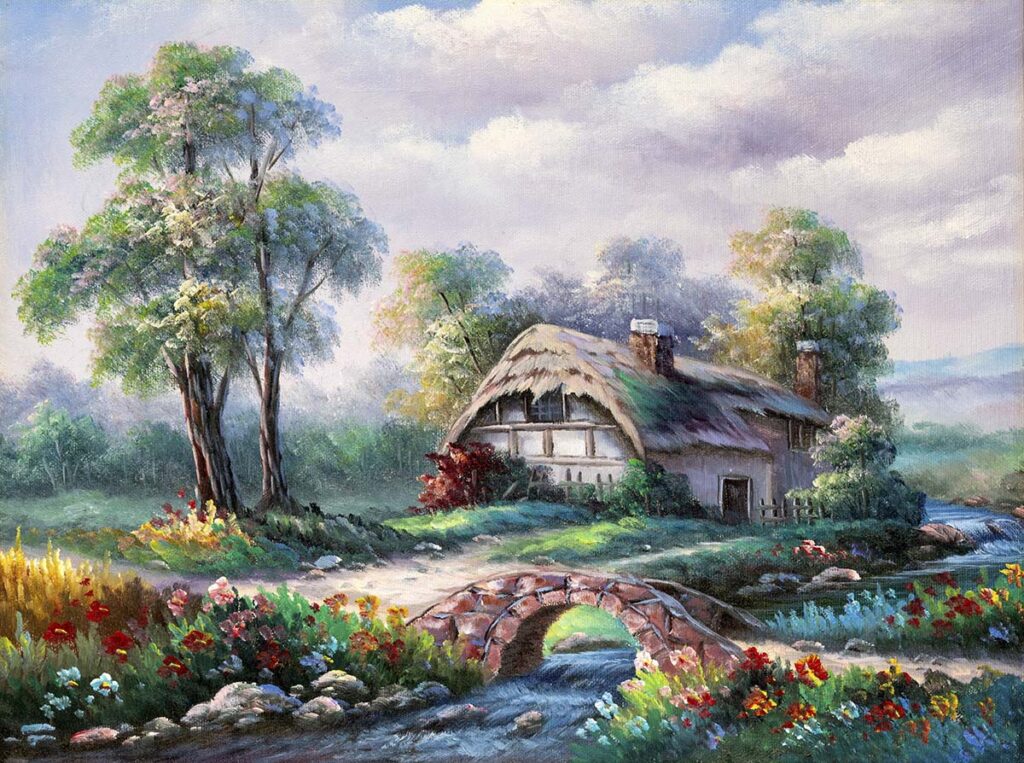 A painting of a house with a bridge and trees - Magicdecor®