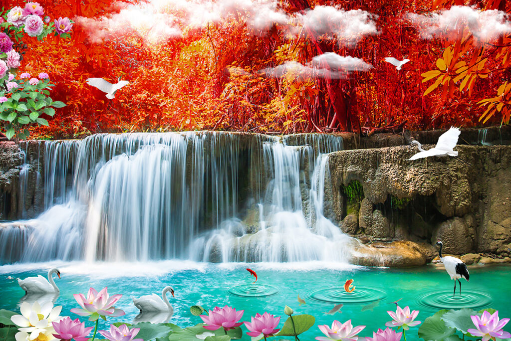 A Wallpaper of Waterfall with Birds and Flowers - Magicdecor®