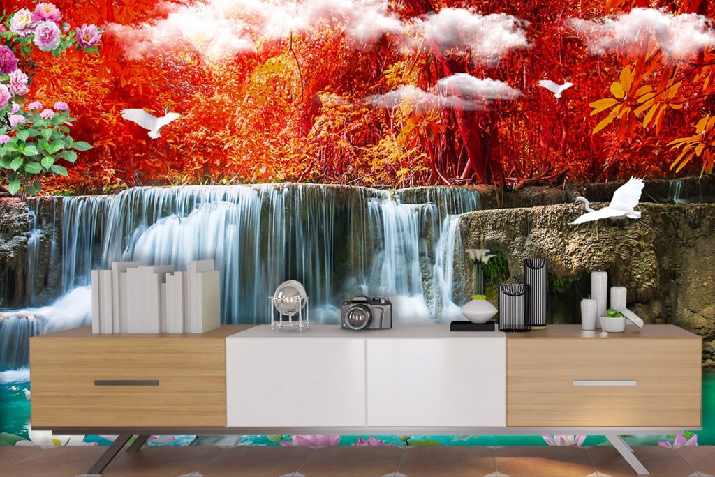 A Wallpaper of Waterfall with Birds and Flowers - Magicdecor®