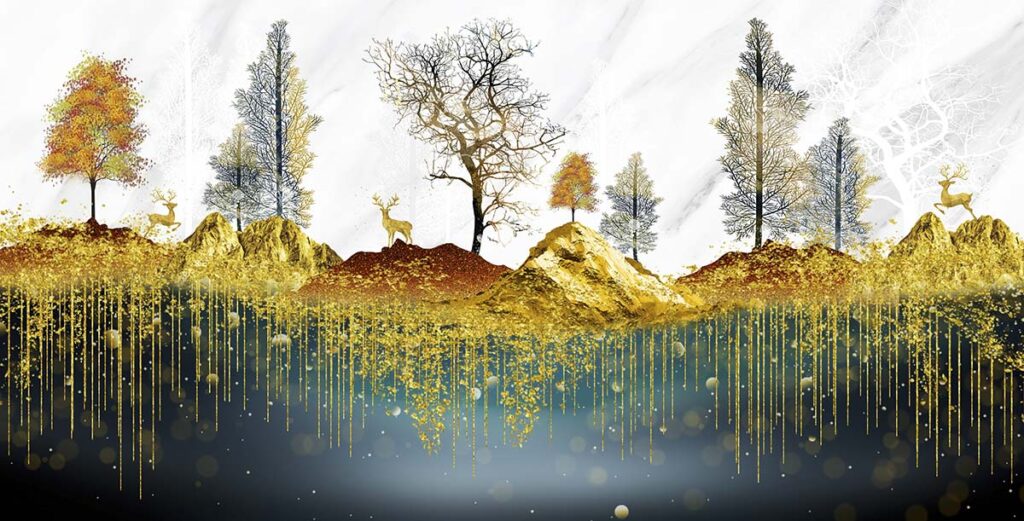 Mountain Wallpaper, Gold landscape with trees and mountains - Magicdecor®