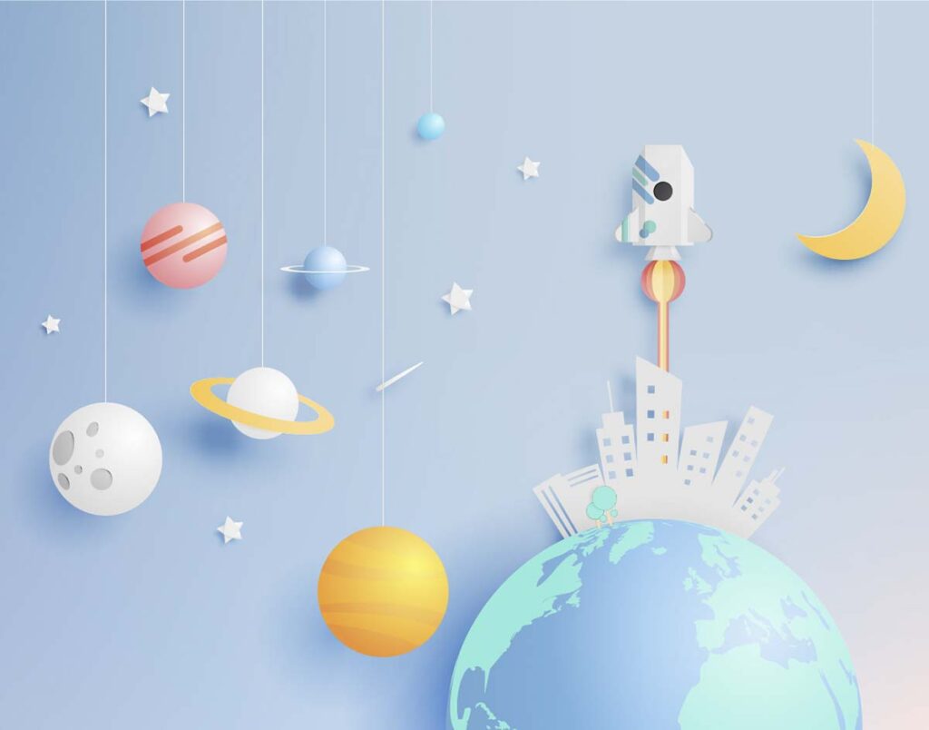 Kids Room Wallpaper - A paper cut out of a rocket launching from the earth