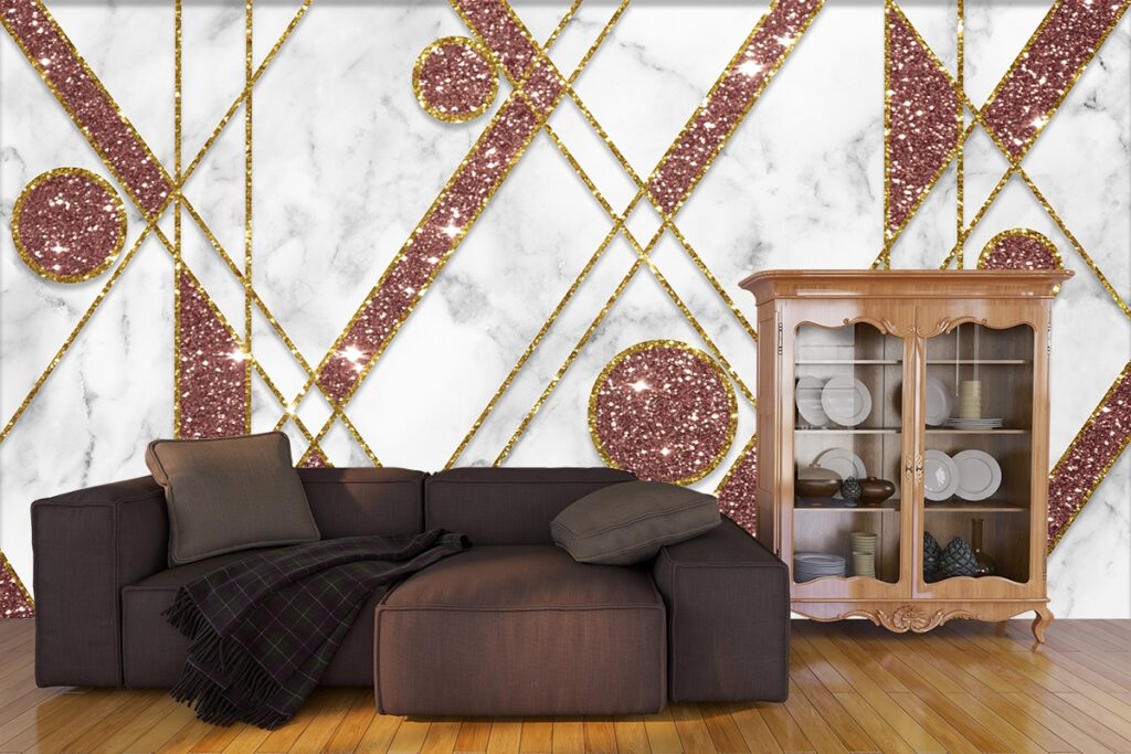 A pink and gold glittery pattern on a marble surface - Magicdecor®