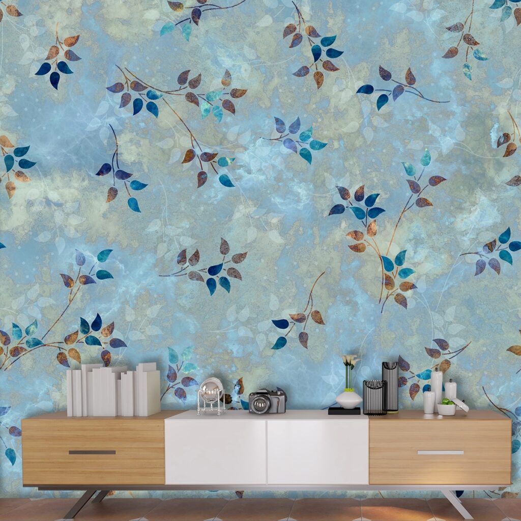 A pattern of leaves on a blue background - Magicdecor®
