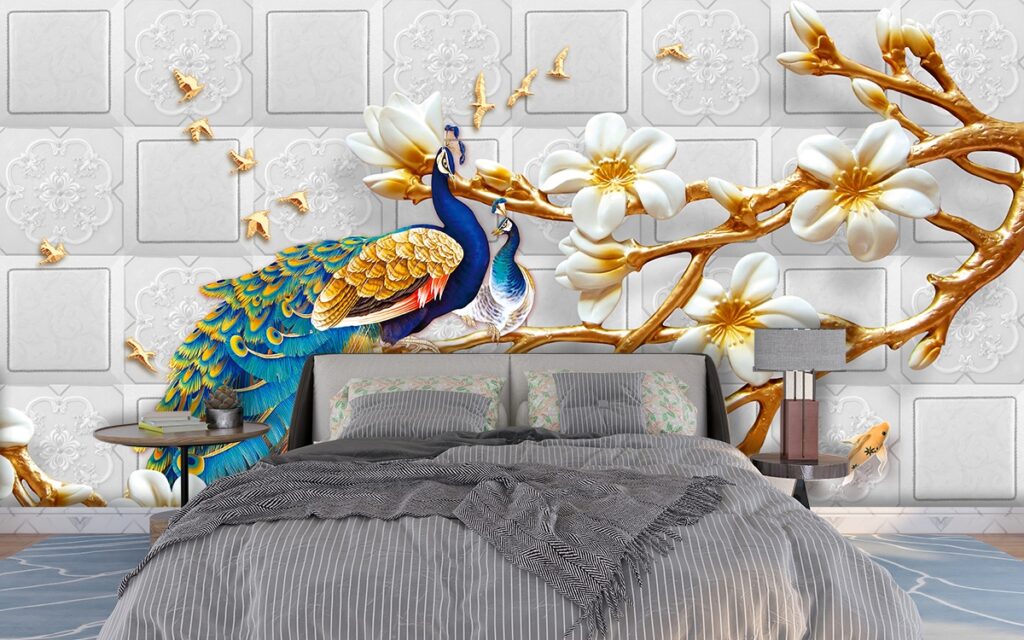 A peacock on a branch with flowers - Magicdecor®