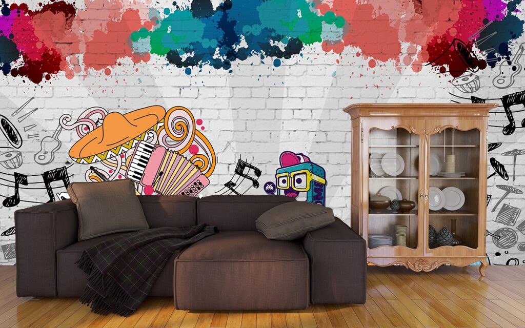 A wall with colorful doodles and a cartoon character - Magicdecor®