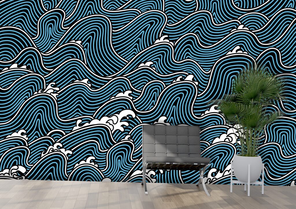 A blue and white pattern with waves - Magicdecor®
