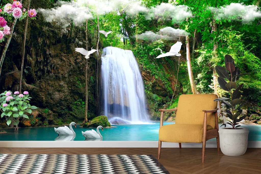 Waterfall Wallpaper for Walls, A waterfall with Birds and Flowers - Magicdecor®