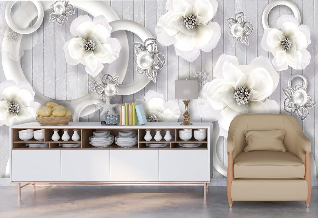 A wallpaper with white flowers and rings - Magicdecor®