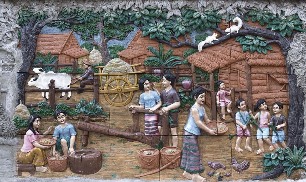 A mural of people working in a village - Magicdecor®