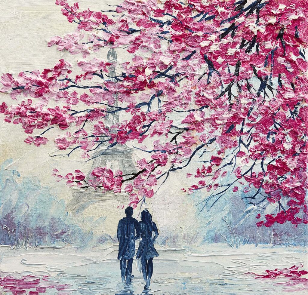 Whispering Blossoms, Painting of A Couple Walking Under a Tree ...