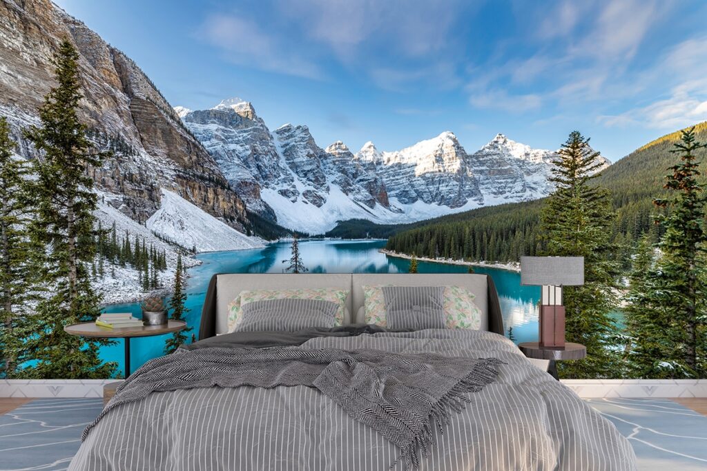 Mountain Wallpaper, Blue lake surrounded by snow covered mountains - Magicdecor®