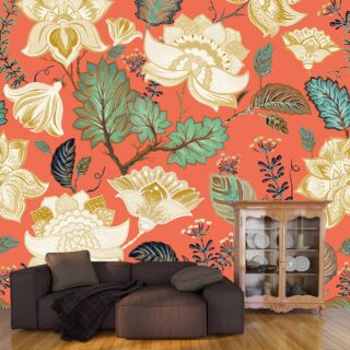 An Outrageous Orange Wallpaper with Botanical Flowers - Magicdecor®