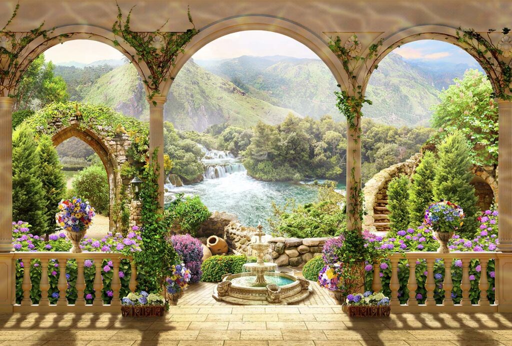 Mountain Wallpaper, Garden with a waterfall and a river - Magicdecor®