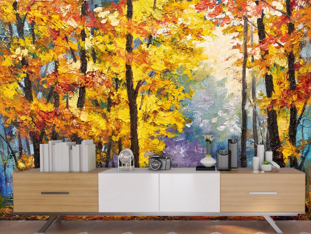 A painting of trees with yellow and red leaves - Magicdecor®