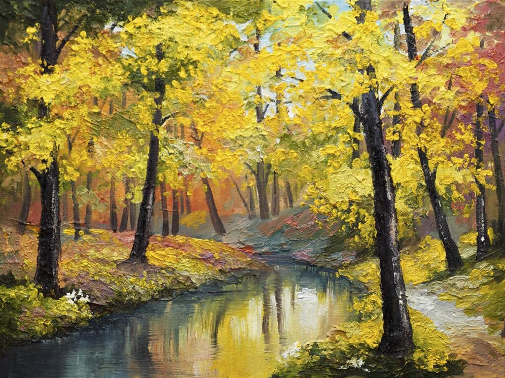 A painting of a river with trees and leaves - Magicdecor®