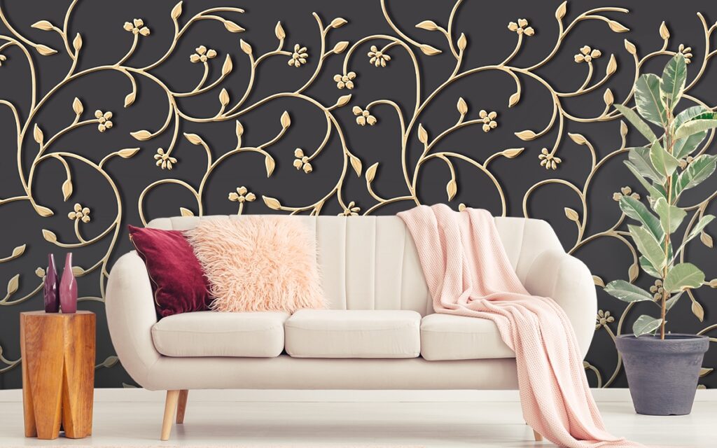A Black Background Wallpaper with Golden Floral Pattern - Magicdecor®