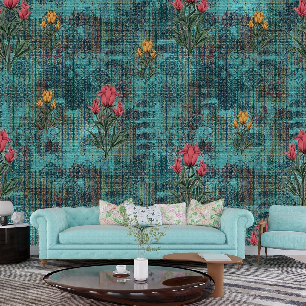 Blue and Red Flowers Motif Wallpaper - Magicdecor®