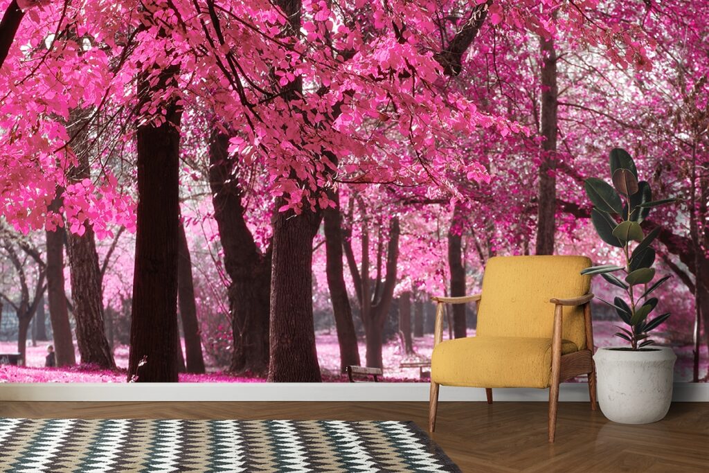 Benches in a park with pink leaves - Magicdecor®