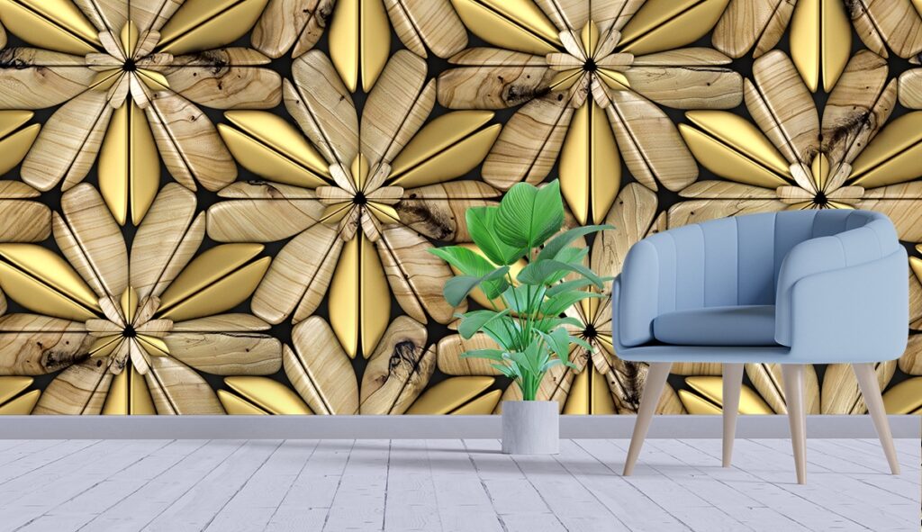 A pattern of wood and gold flowers - Magicdecor®