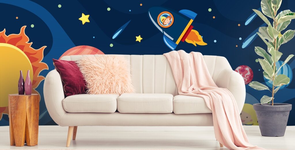 Kids Room Wallpaper - Cartoon of a rocket ship and planets in space