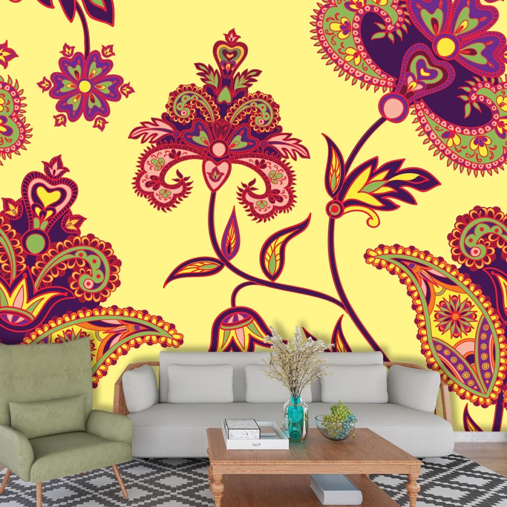 A colorful floral pattern on a yellow background - Magicdecor®