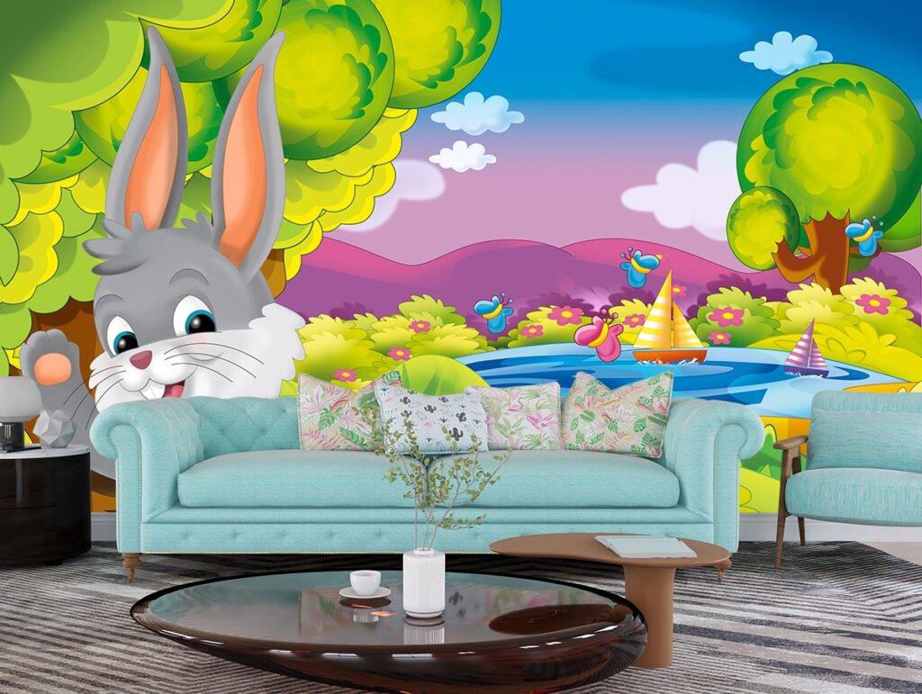 Cartoon Wallpaper of Rabbit in Beautiful Jungle for Kids Room