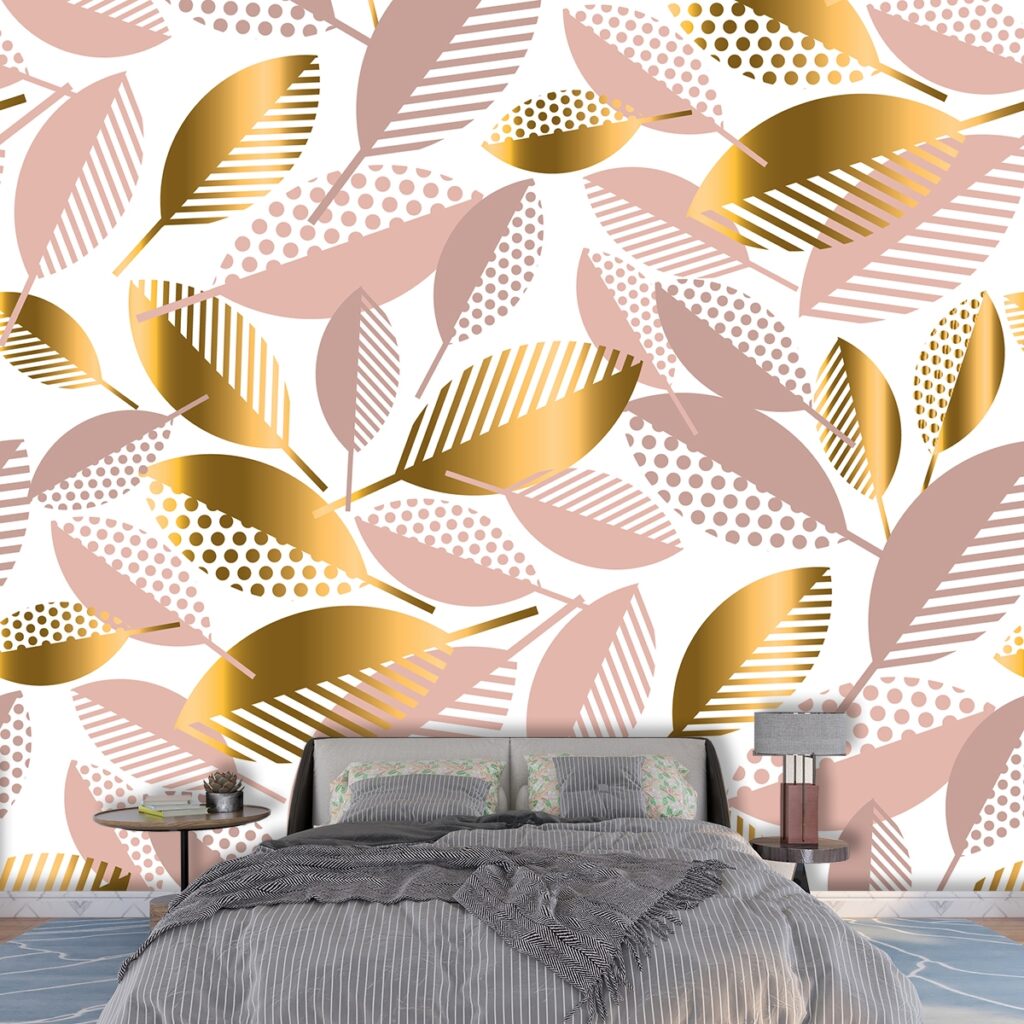 Luxurious Pattern of Gold and Pink Leaves Wallpaper - Magicdecor®