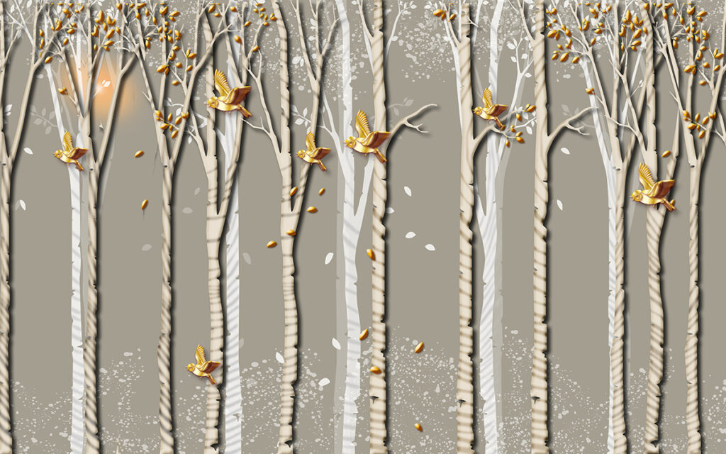 A wallpaper with trees and birds - Magicdecor®
