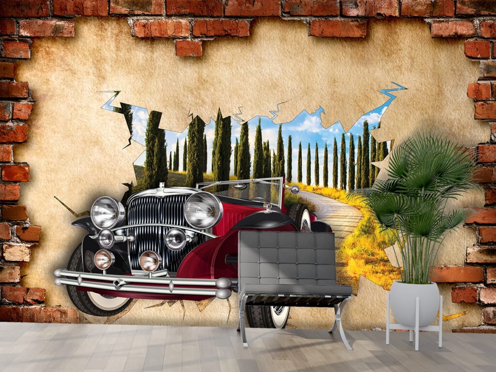 A wall with a picture of a car and a road through it - Magicdecor®