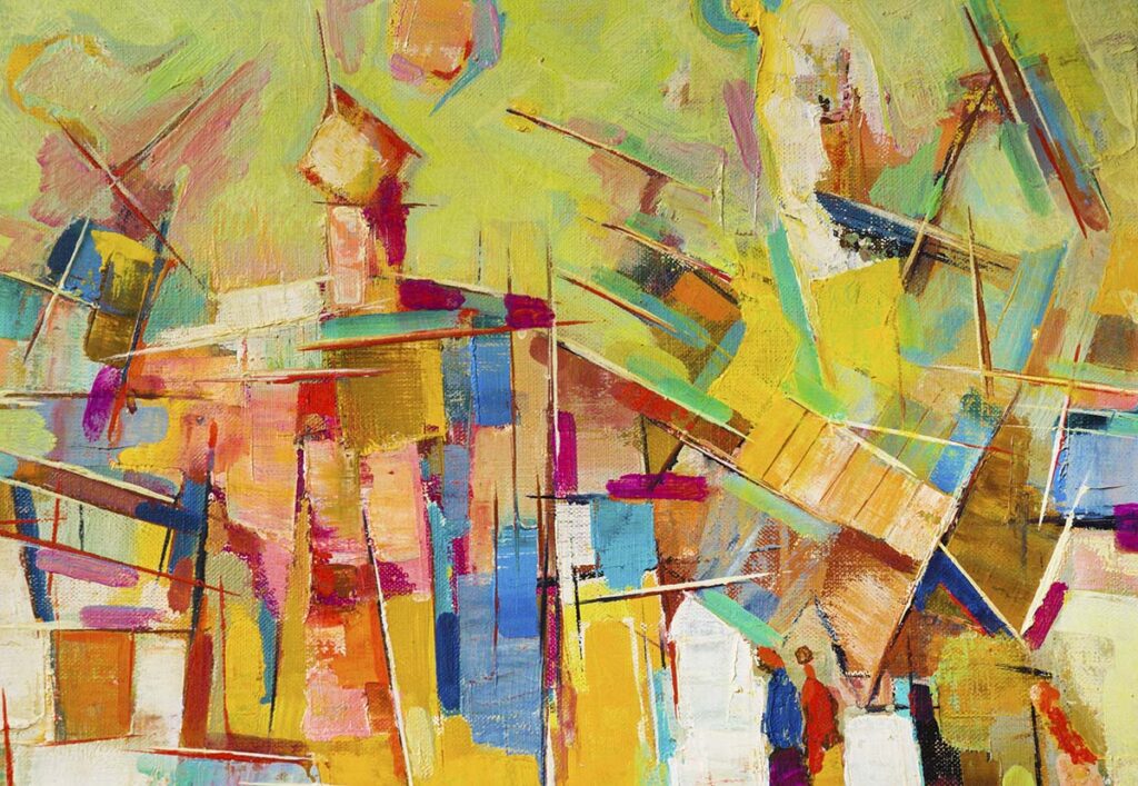 A painting of a building with colorful objects - Magicdecor®