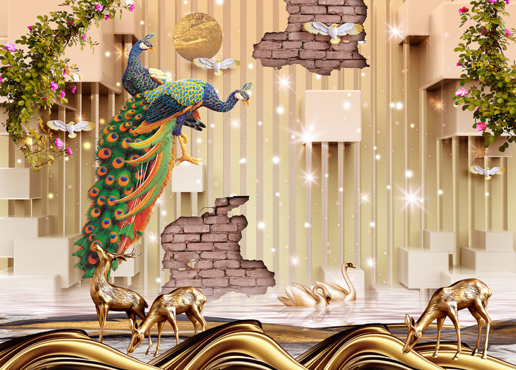 A wallpaper with a peacock and deer - Magicdecor®