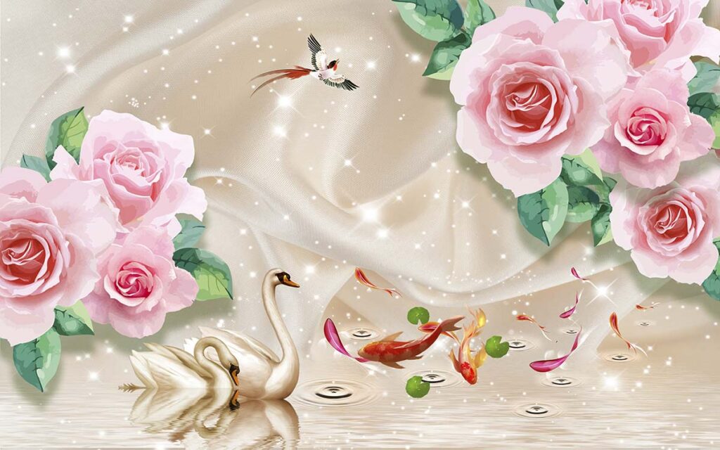 Swan and Koi Fish in Water with Pink Roses Wallpaper - Magicdecor®
