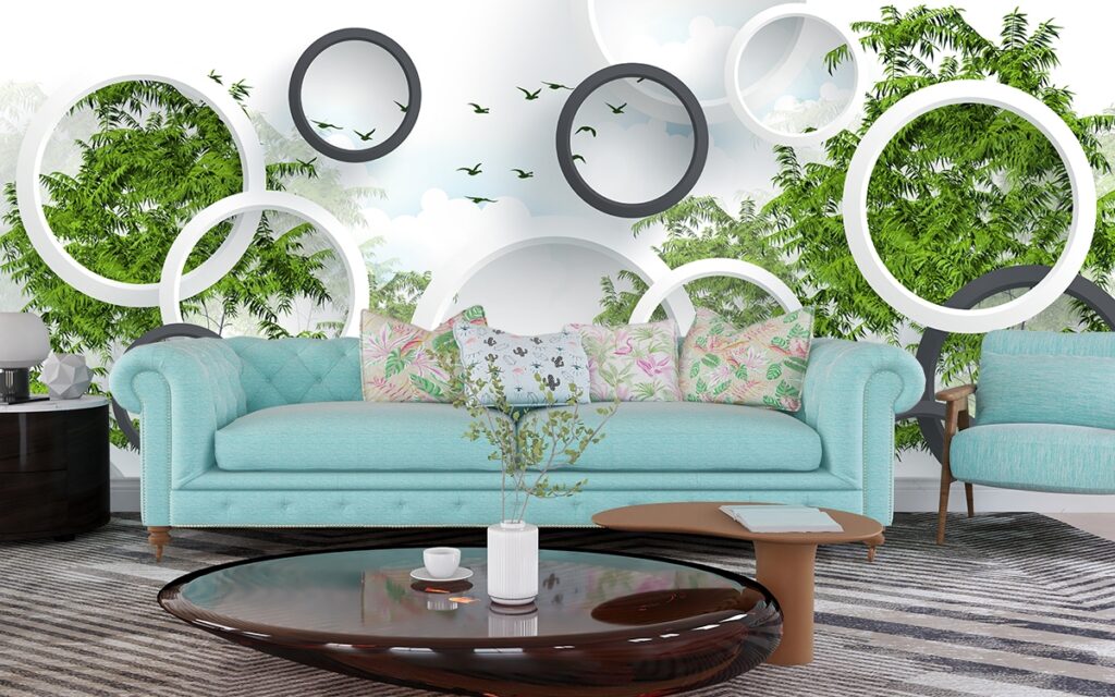 A wallpaper with circles and birds flying - Magicdecor®
