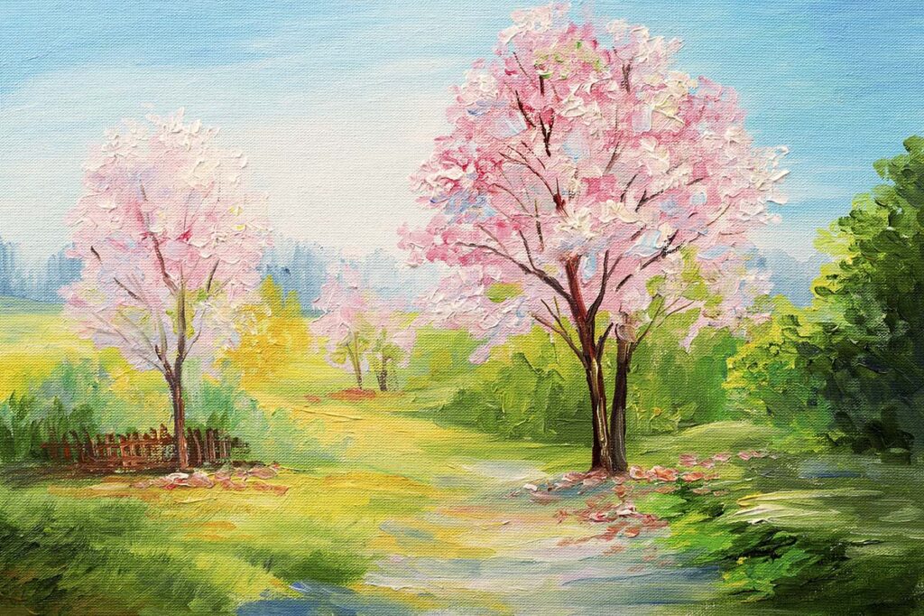 A painting of pink trees and grass - Magicdecor®