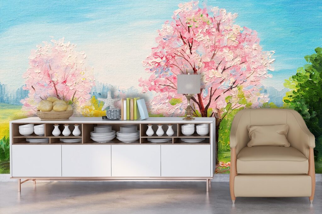 A painting of pink trees and grass - Magicdecor®