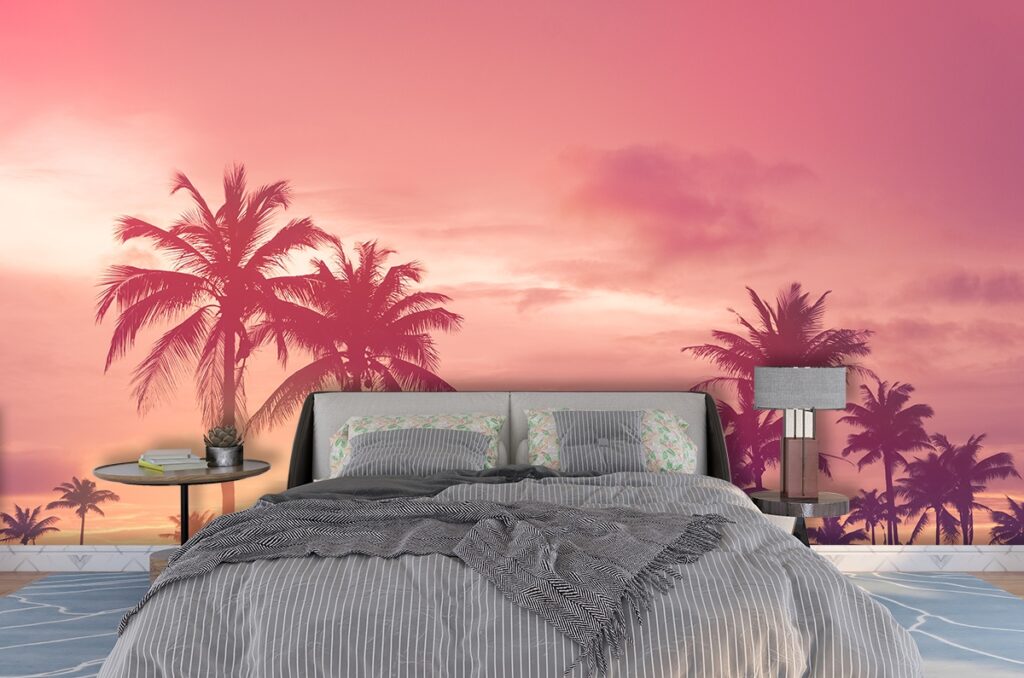 A group of palm trees with a pink sky - Magicdecor®
