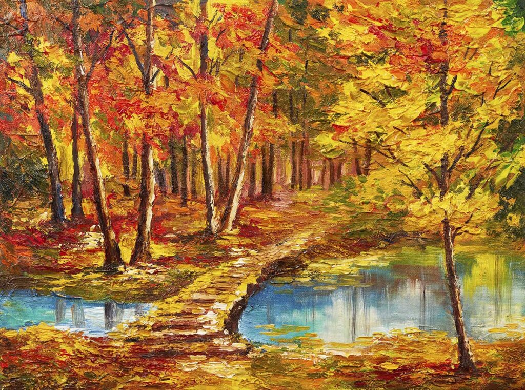 A painting of a path through a forest with trees and water - Magicdecor®