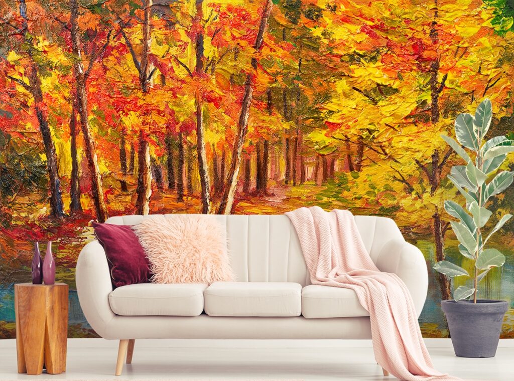 A painting of a path through a forest with trees and water - Magicdecor®