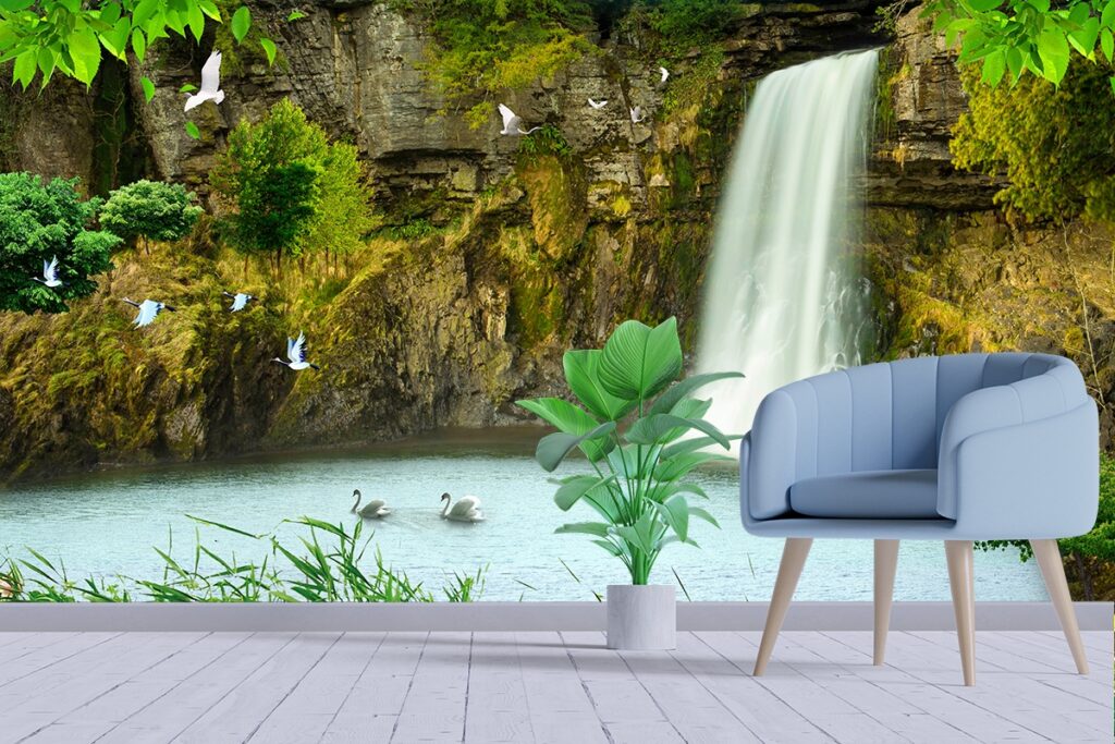 Waterfall Wallpaper for Wall, A waterfall with birds flying over it - Magicdecor®
