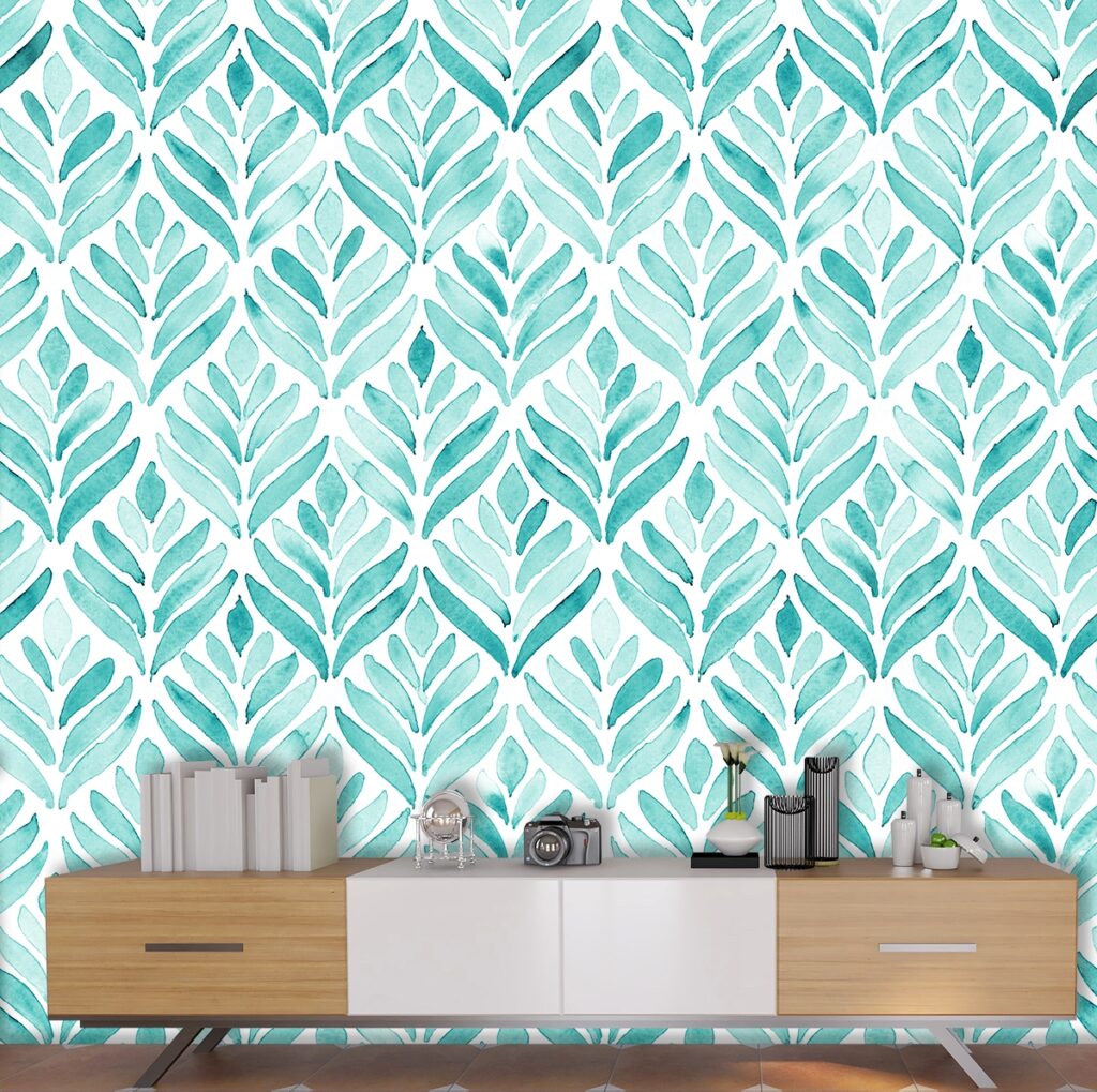 Turquoise Pattern of Leaves Wallpaper Mural - Magicdecor®
