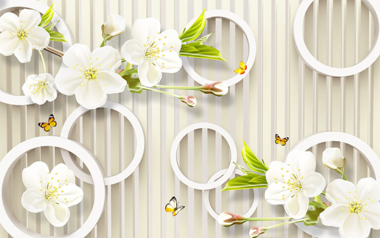 A 3D Wallpaper with White Flowers and Butterflies - Magicdecor®