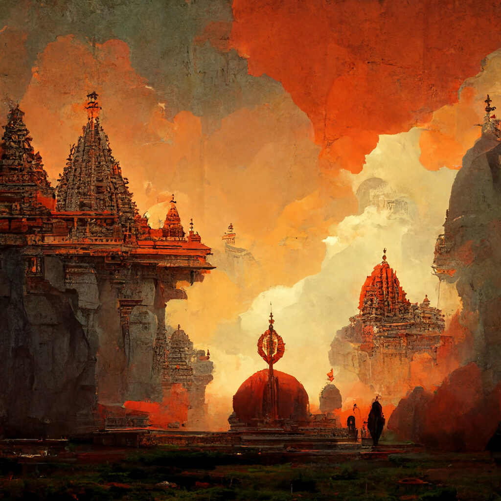 A painting of a temple with a red and orange sky - Magicdecor®