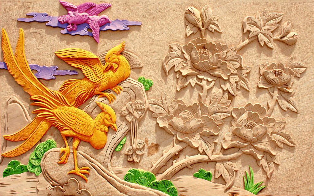 A carved wood carving of birds and flowers - Magicdecor®
