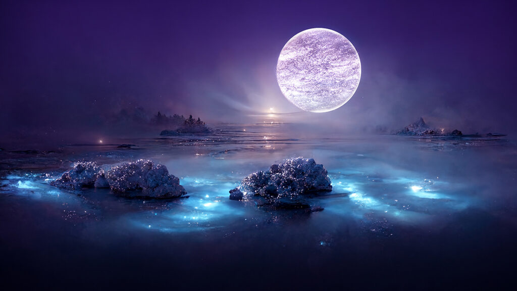Moon Wallpaper with water, rocks and trees - Magic Decor