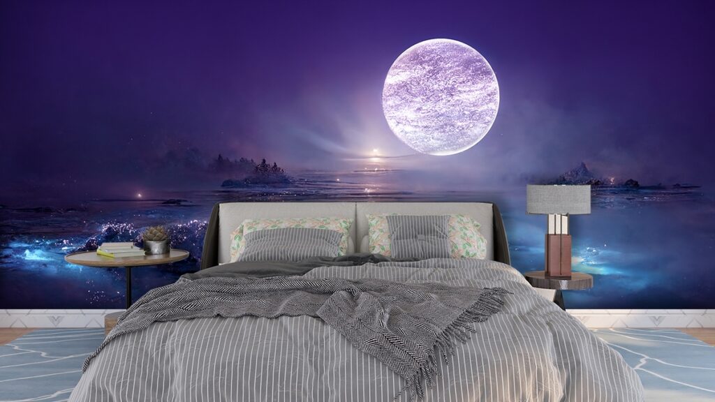 Moon Wallpaper with water, rocks and trees - Magic Decor