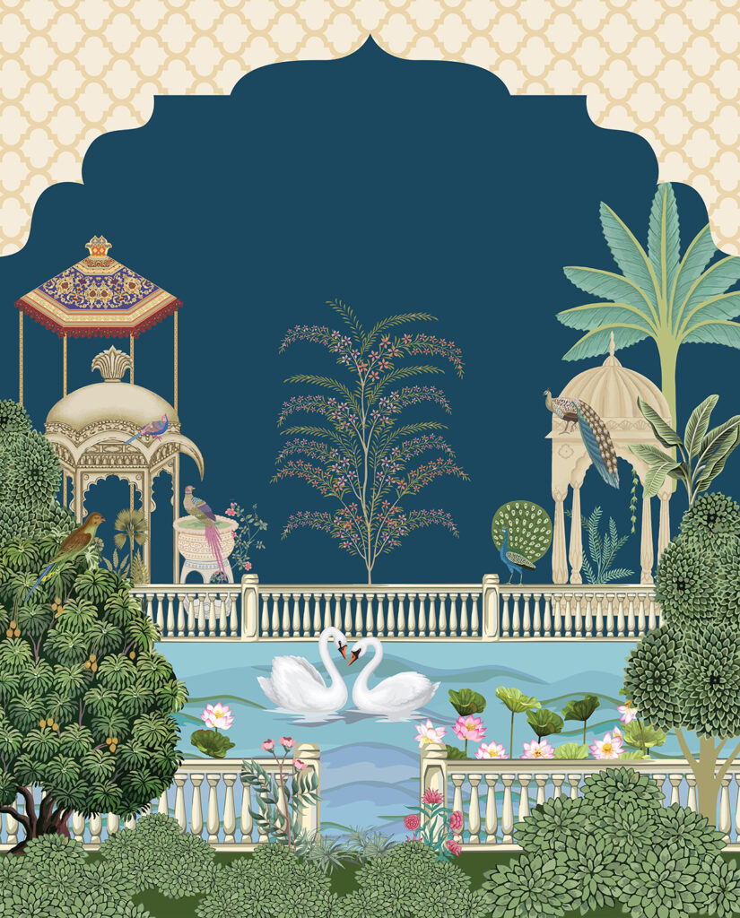 A painting of a pond with birds and trees - Magicdecor®