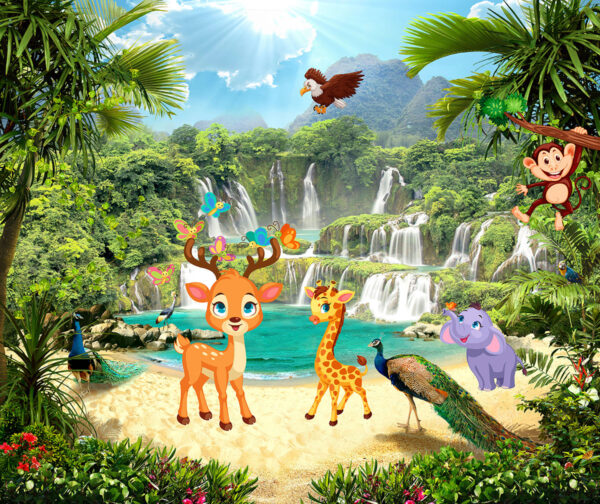 Cute Animals in Tropical Forest Kids Wallpaper