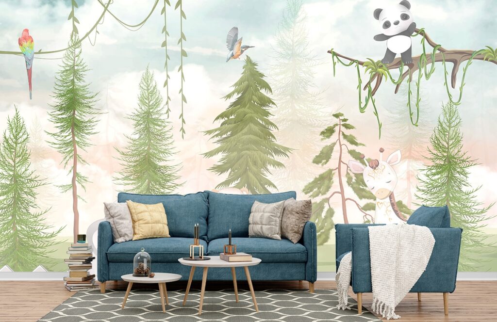 Cartoon Wallpaper of Panda, Bear in Forest for Home