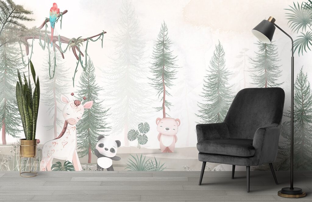 Panda, Parrot, Bear Cartoon Wallpaper for Kids Room